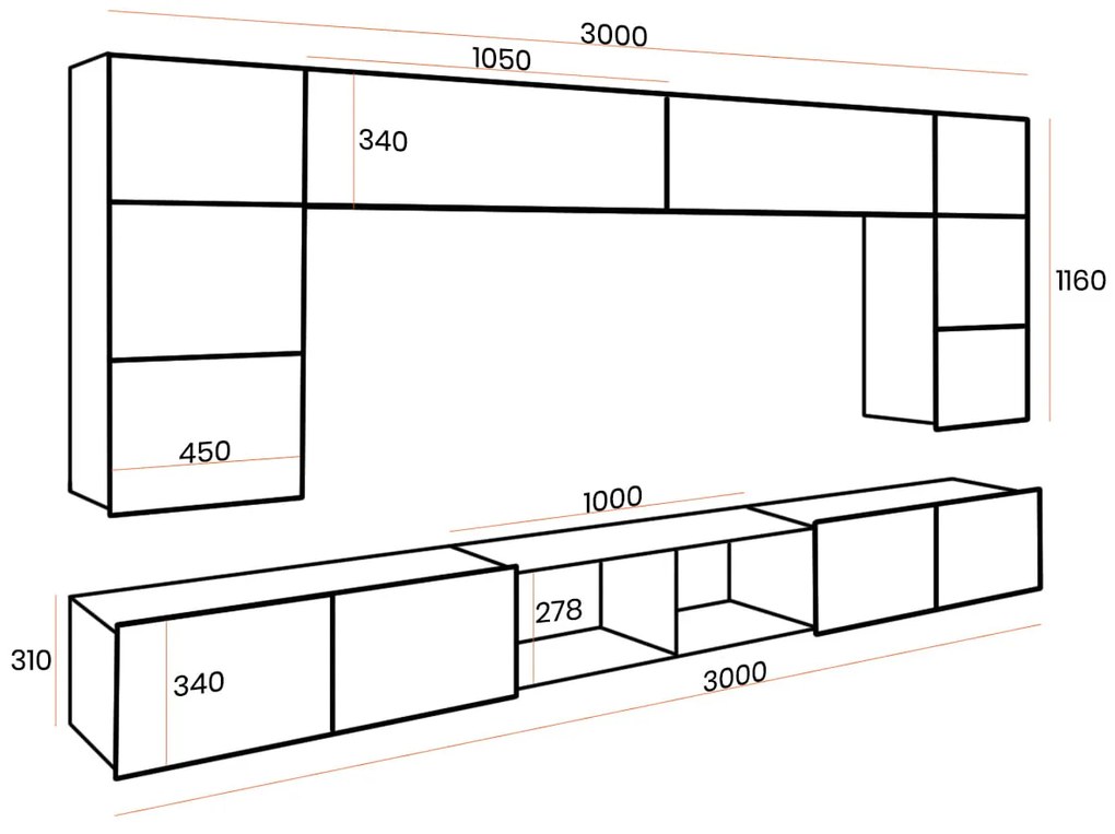 GAB Obývací stěna LORONA 24, Bílá/Zlatý dub 300 cm