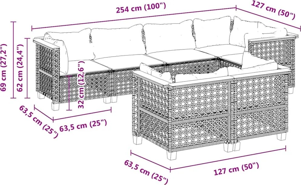 7dílná zahradní sedací souprava s poduškami černá polyratan 3261884