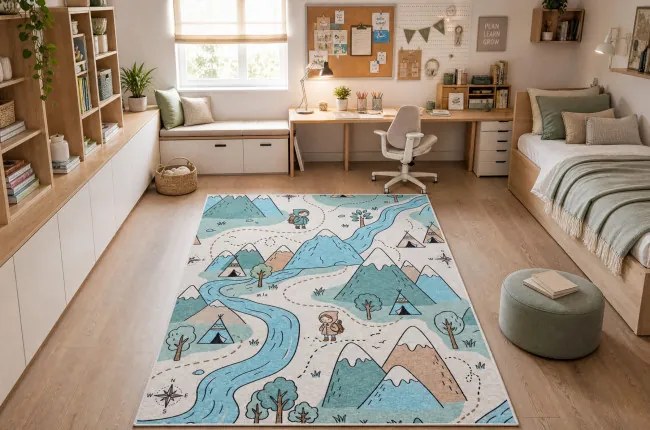 Dětský koberec protiskluzový BAMBINO 61590 krémový / modrý