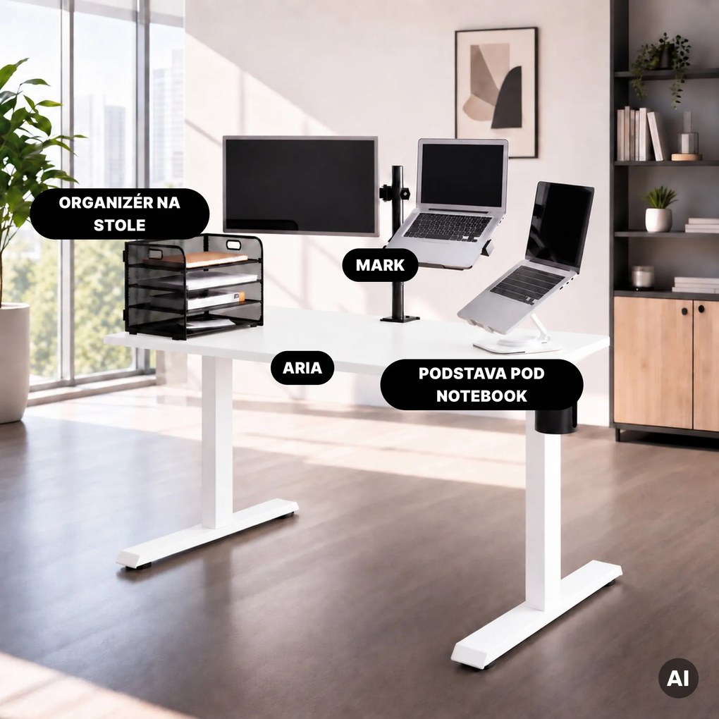 Elektrický stůl s nastavitelnou výškou ergonomický bílý,1200x600 mm: ARIA
