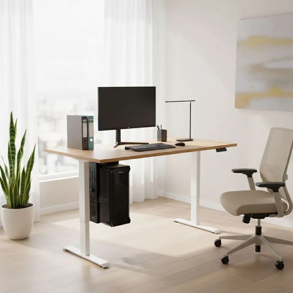 Výškově nastavitelný stůl OfficeTech C, 140 x 80 cm, bílá podnož, dub kamenný