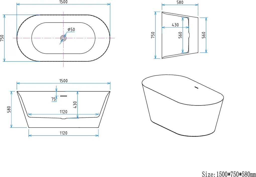 Erga Rhea, volně stojící vana 150x75 cm + odtoková zátka, bílá lesklá, ERG-RHEA-150075-WH-WH