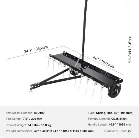 Vlek za odhrnovač trávy 101,6 cm hrábě na pro ATV nebo sekačku 20 prstů