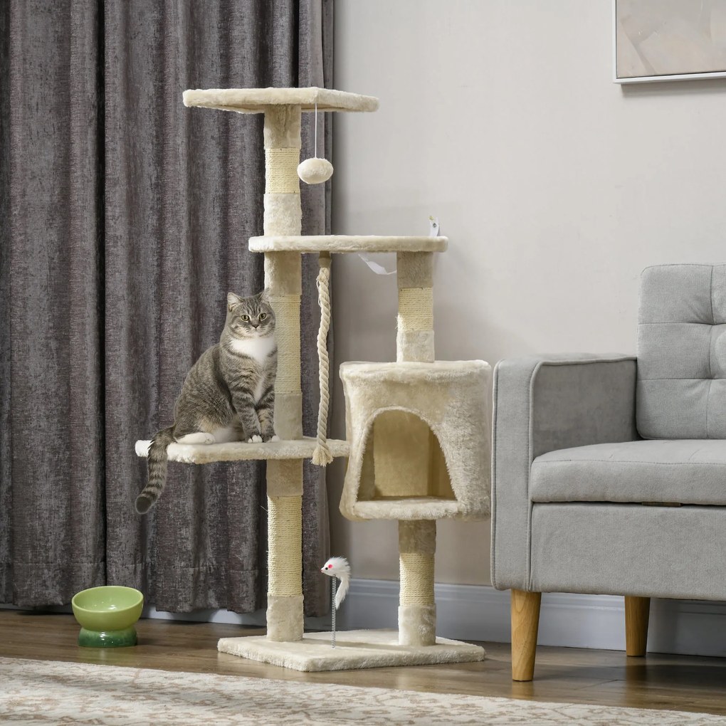 PawHut Kočka Škrábací Stožár Výška 116 cm Kočičí Strom Lezení Věž se Sisalovými Škrábacími Sloupky, Útulná Jeskyně, Platformy a Zábavné Závěsné Hračk…