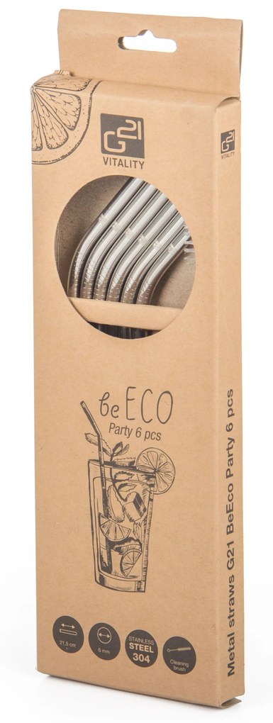 Kovová brčka G21 BeEco Party 6 ks stříbrná, zahnutá + kartáček na čištění