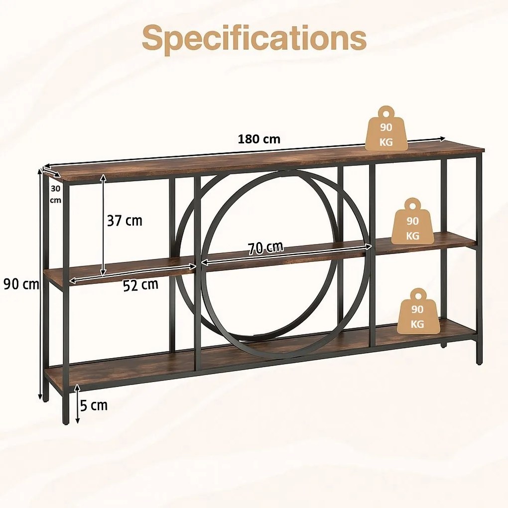 Costway Konzolový stolek 3-patrový, rustikální hnědá JV12463CF