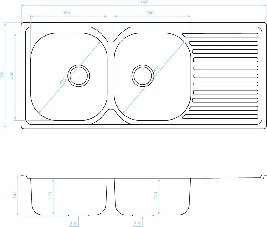 Kuchinox Orion, 2-komorový nerezový dřez s odkapávačem 1160x500x155 mm, hladký dekor, ocelová, LAV-SKO_021T