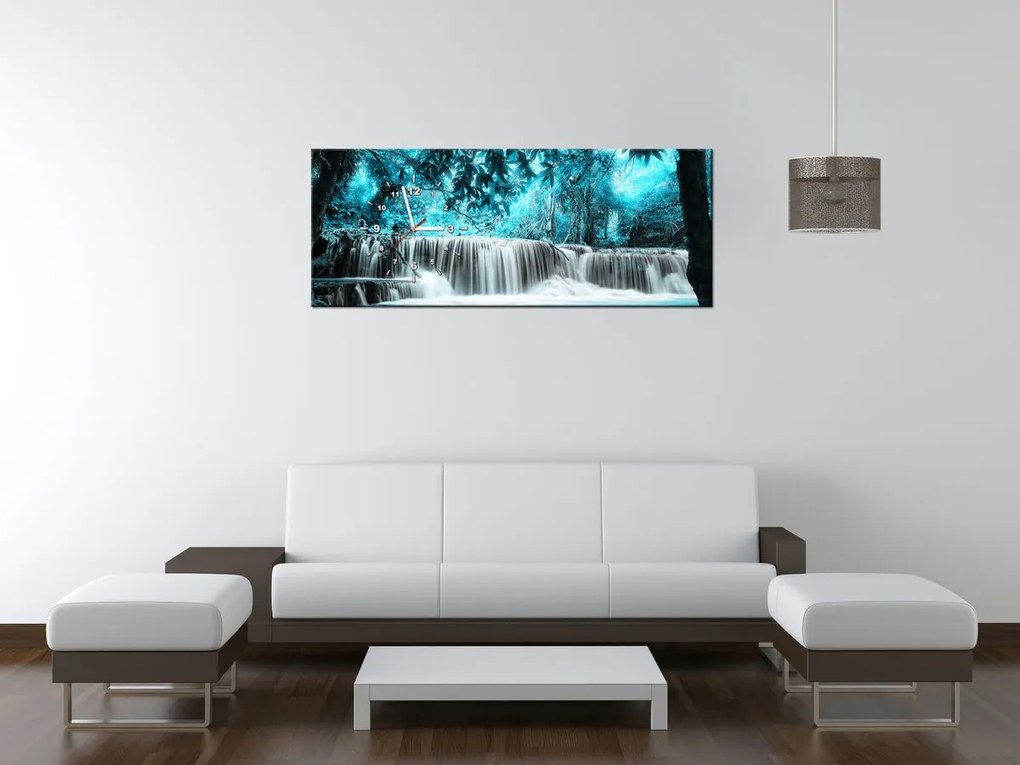 Gario Obraz s hodinami Vodopád v modré džungli Rozměry: 100 x 40 cm