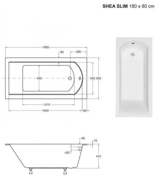 BESCO Obdélníková vana SHEA SLIM Nožičky k vaně - Bez nožiček, Rozměr vany - 180 × 80 cm - VANSHEA180SLIM