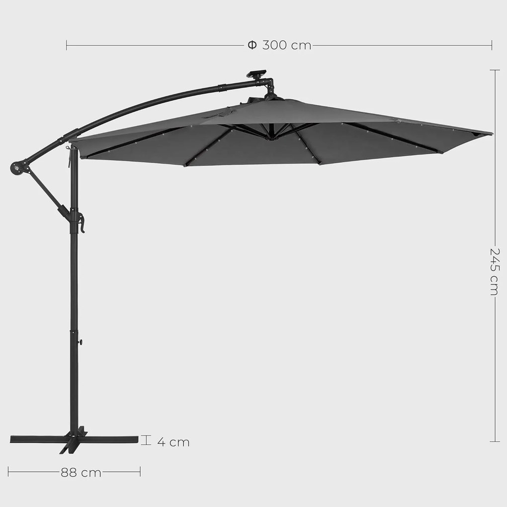 Zahradní slunečník se solárními LED lampami, šedý