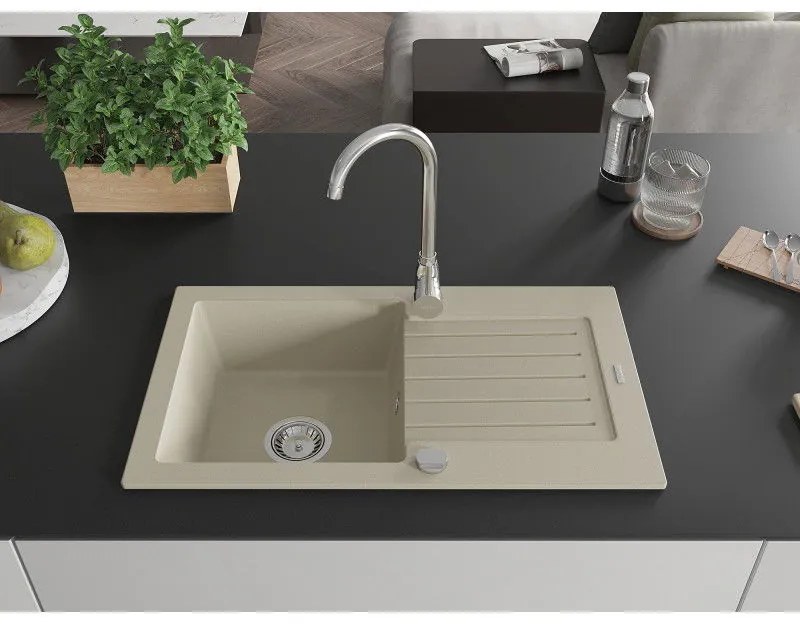 Mexen Pablo, granitový dřez 752x436x161 mm, 1-komorový a chromová baterie Telma, béžová, 6510-69-670200-00