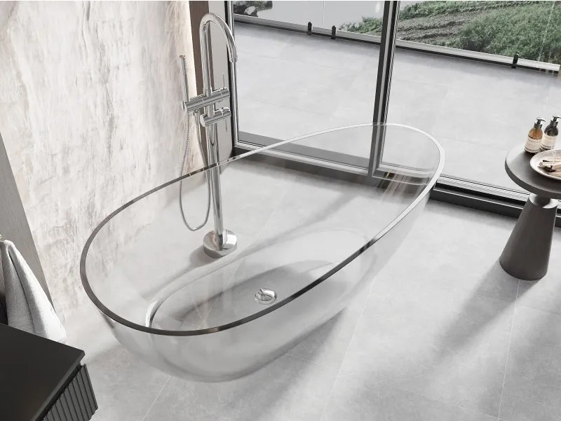 Mexen Glass čirá volně stojící vana transparentní 170 x 85 cm, chromová zátka - 58061708508