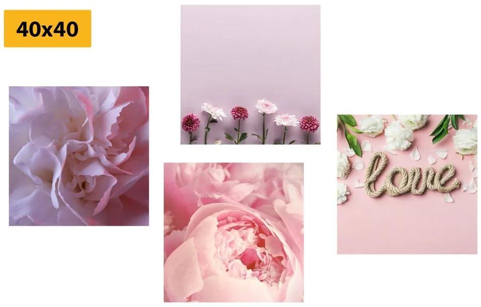 Set obrazů květiny v  jemném růžovém odstínu - 4x 40x40 cm