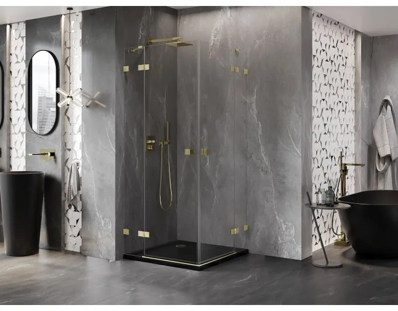 Mexen Lunar Duo, výklopný sprchový kout 105 x 105 cm, 8mm čiré sklo, zlatý matný profil, 834-105L-105P-55-00