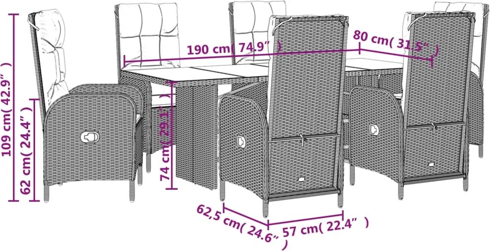 7dílný zahradní jídelní set s poduškami černý polyratan 3213524