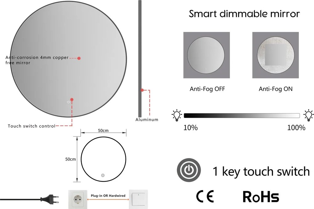 Erga Olivia, kulaté LED zrcadlo 50cm, černý kovový rám, 1150 lm, 6500K, přední osvětlení, ERG-V01-202-5050-BK