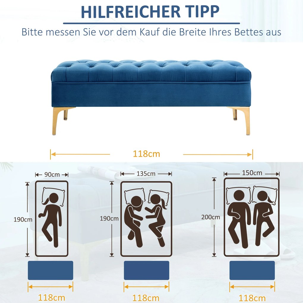 HOMCOM Lavice k posteli lavice na boty sametová modrá 118 x 45 x 42 cm se zvýšenými nohami do ložnice a předsíně