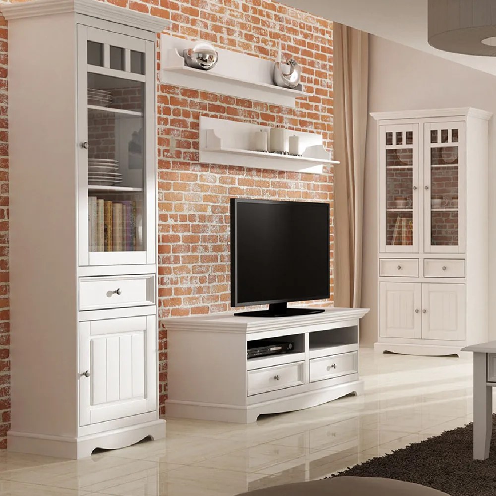 Massive home | Belluno Elegante bílá úzká vitrína z masivu s bílou deskou levá