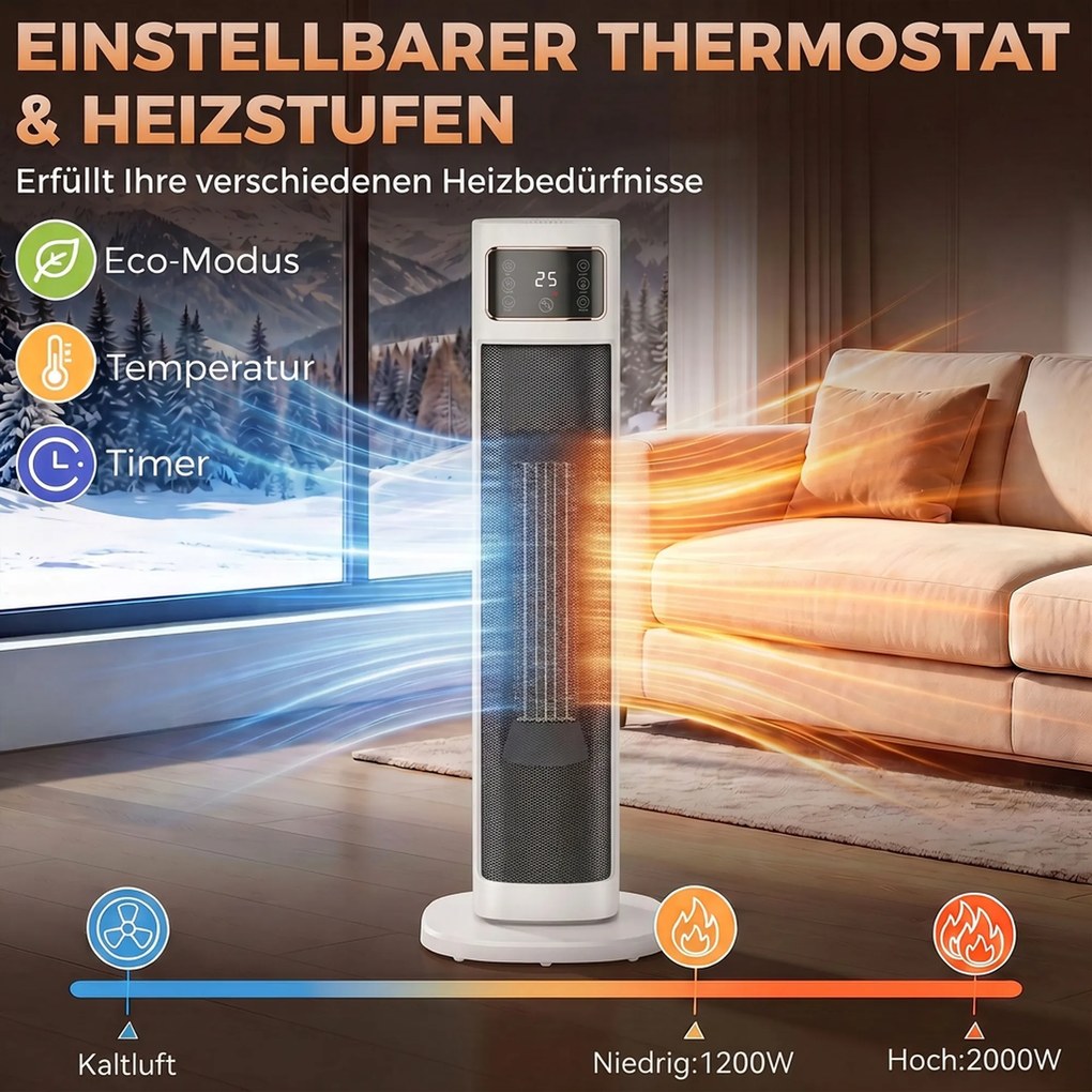 HOMCOM Keramický topný ventilátor, 2000 W, 4 režimy, termostat, dálkové ovládání, úsporný