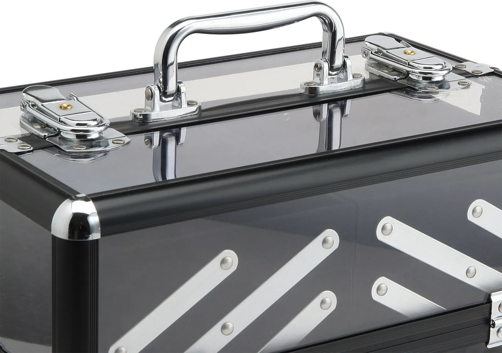 HOMCOM Organizér na make-up a šperky, přenosný, víceúrovňový s rukojetí a skládacími přihrádkami, hliníková slitina, 30x18,5x22 cm, průhledný a černý