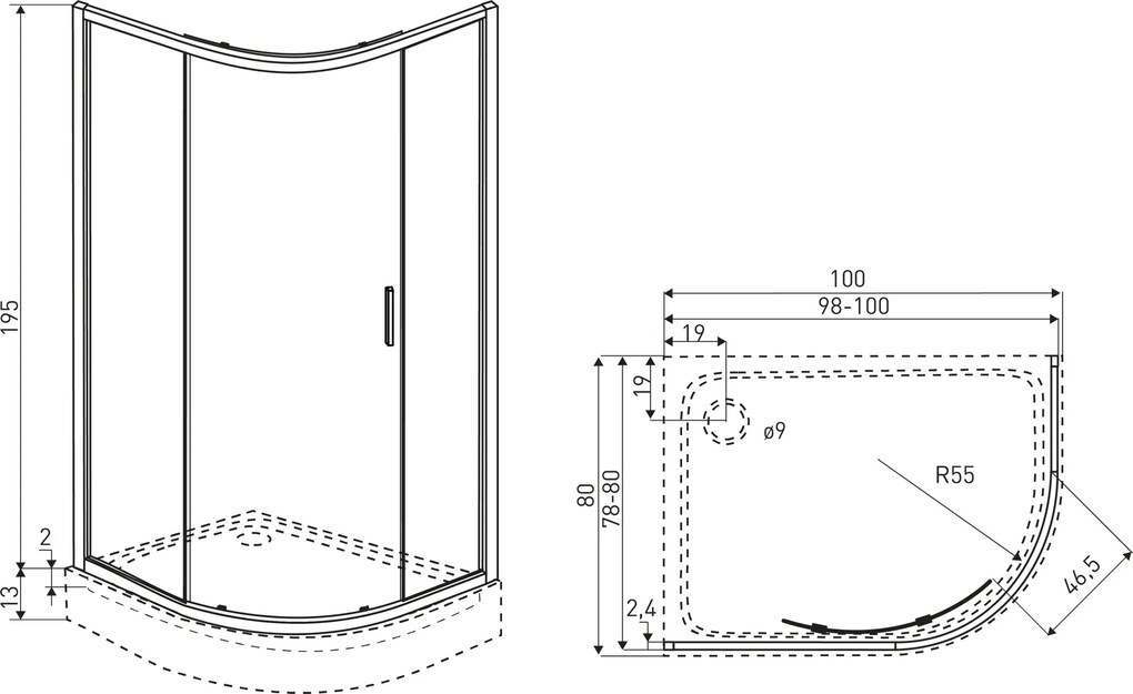 Novoterm Asymetrický sprchový kout NV-Solid RPA CHR 80x100, chrom/transparent - bez vaničky