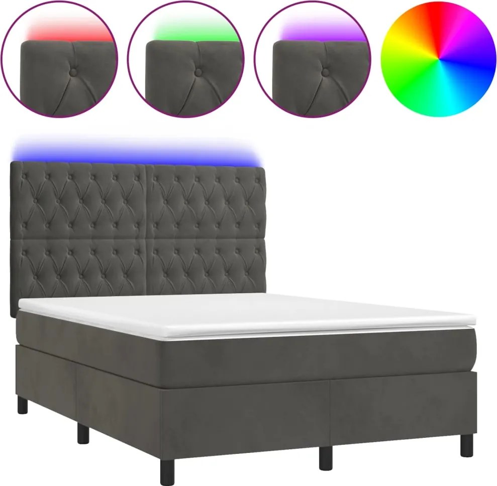 Box spring postel s matrací a LED tmavě šedá 140x200 cm samet 3136306