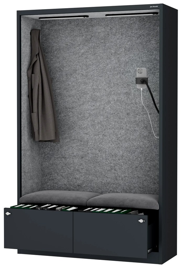 Kancelářská akustická kabina se sedátkem a USB-C portem, korpus antracitový / sedák šedá, 1150 mm: SALLY MentalBox