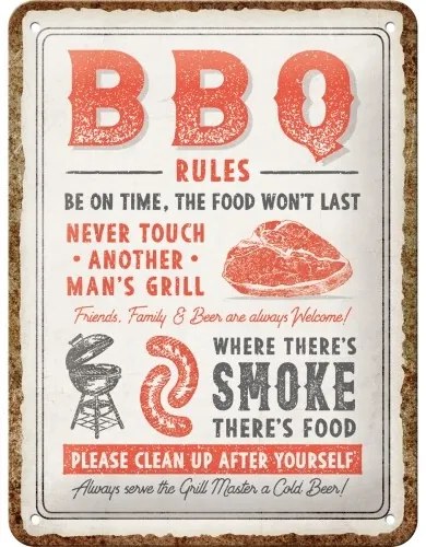 Plechová cedule BBQ Rules, (15 x 20 cm)