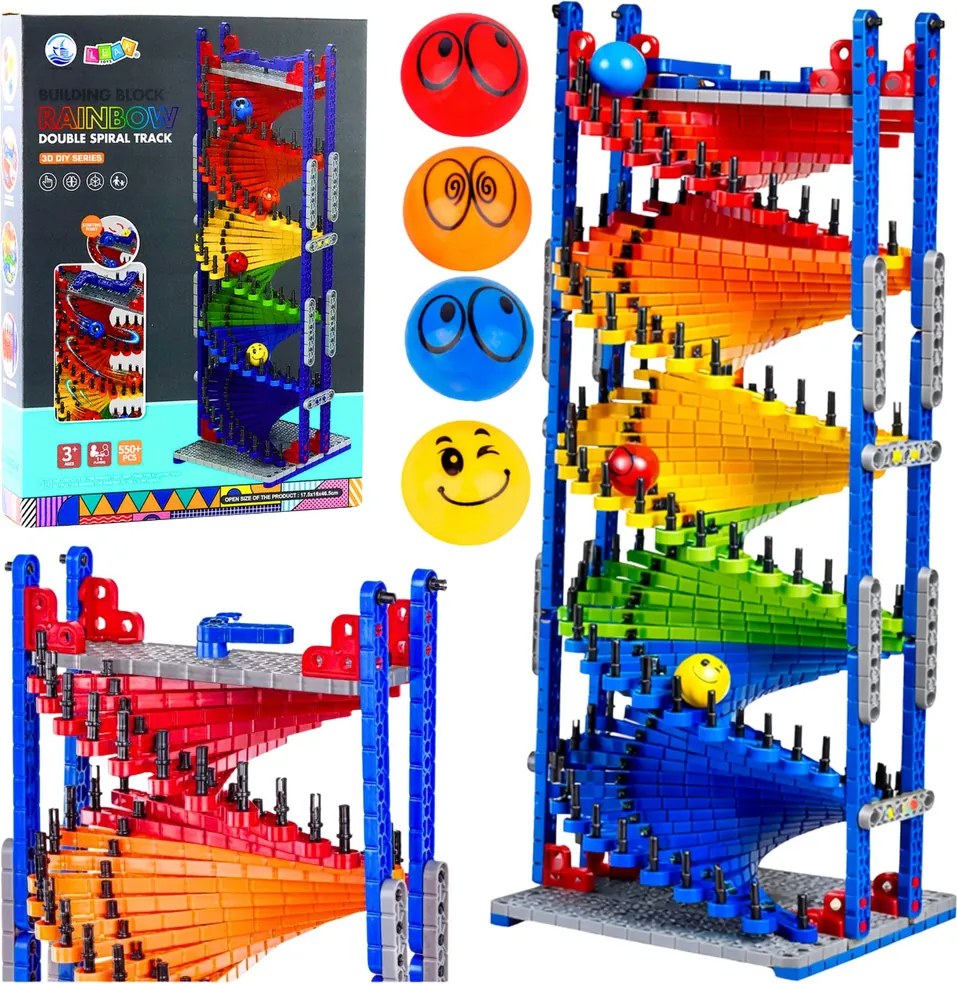 LEAN Toys Vzdělávací stavební kostky – barevná dráha se skluzavkou pro kuličky, 550 dílů