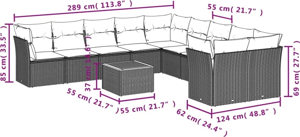 11dílná zahradní sedací souprava s poduškami černá polyratan 3223850