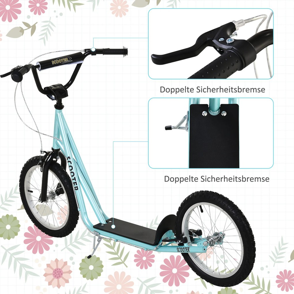 HOMCOM Dětská koloběžka Scooter Skládací koloběžka s pneumatikami a ruční brzdou, městská koloběžka, dobrodružství pro děti od 5 let, 16 palců| Aosom