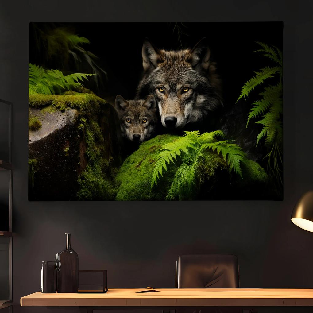 Obraz na plátně - Vlk s mládětem se skrývá mezi kameny FeelHappy.cz Velikost obrazu: 180 x 120 cm