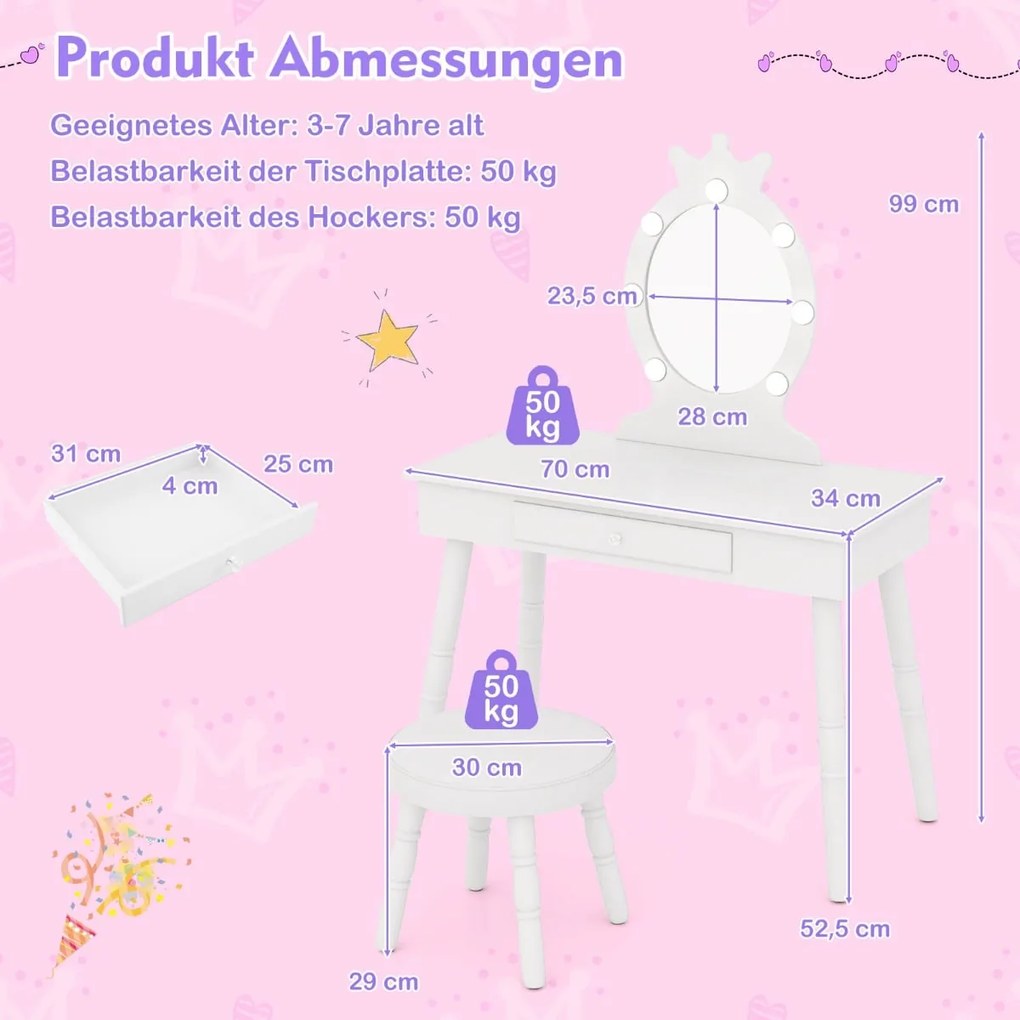 Costway Toaletní stolek pro děti s osvětlením 2 v 1 Princess s – bílý