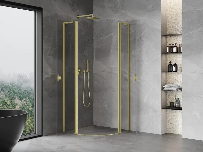 Mexen Mist L, čtvrtkruhový sprchový kout s 2-křídlými dveřmi, 80 x 80 cm, 8mm čiré sklo, zlatý matný profil, 8A32L-080-080-55-00