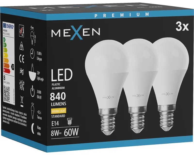 Mexen Nova 3x Žárovka LED E14, G45, 8W, Teplá - 3000K, 840 lm - L101-E14-0830-01x03