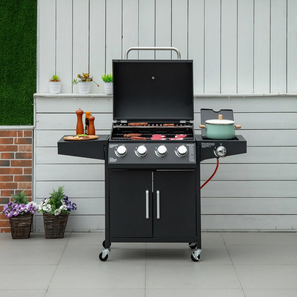 Plynový gril Outsunny se 3 hořáky, každý o výkonu 3 kw, pojízdný grilovací vozík na kolečkách, grilovací síť, postranní stolky, 132,4 cm x 55 cm x 10…