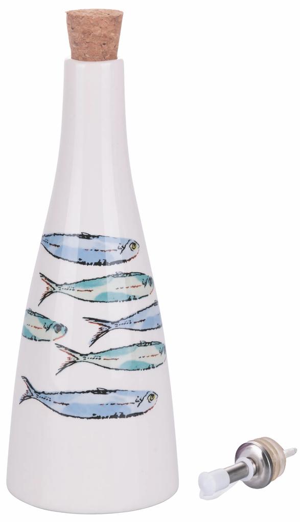 VILLA D’ESTE HOME TIVOLI Designová dóza na olej s korkovou zátkou Paranza, keramika, bíla/modrá, dekor ryby, 530 ml