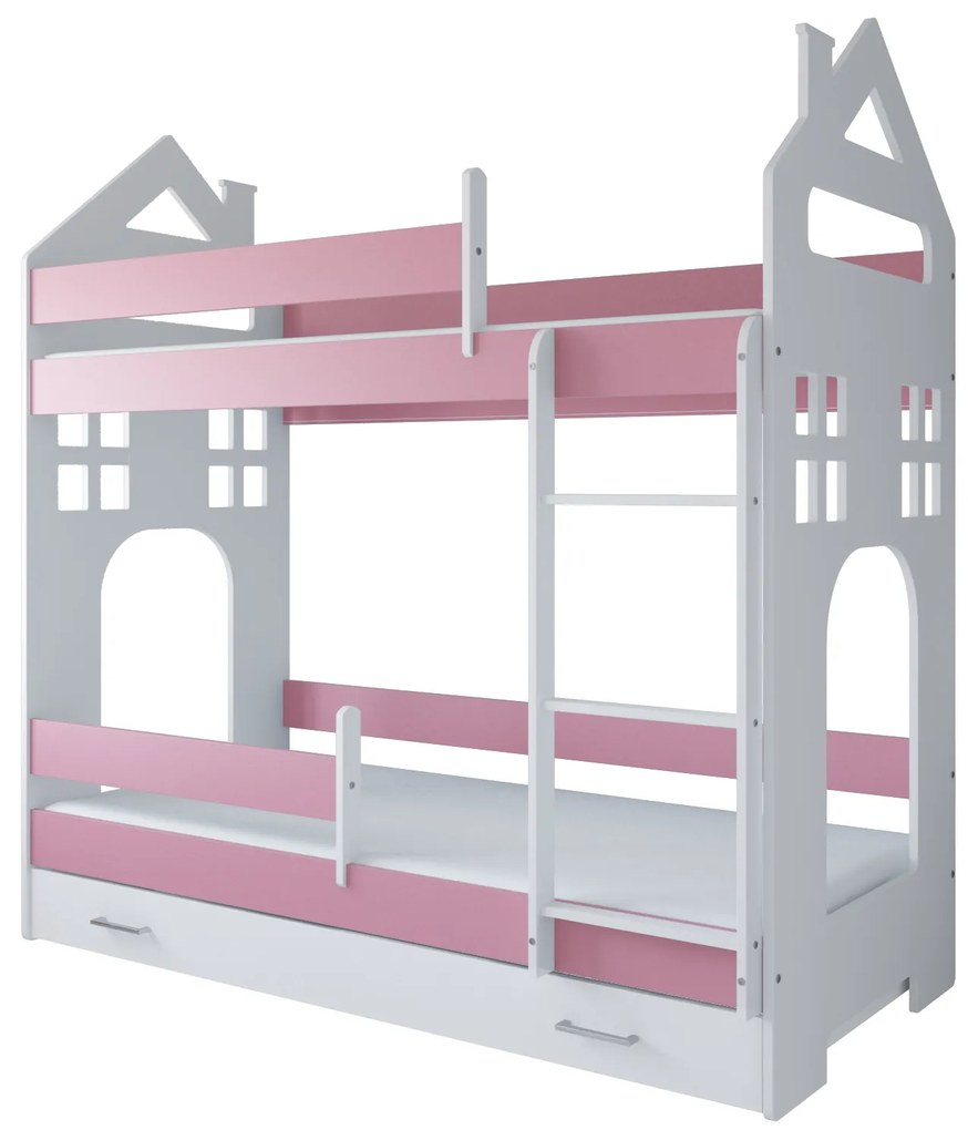 BabyBeds Dětská patrová postel DOMEK II 180x80 Barevné provedení: Růžová, Úložný prostor: Ne, bez úložného prostoru