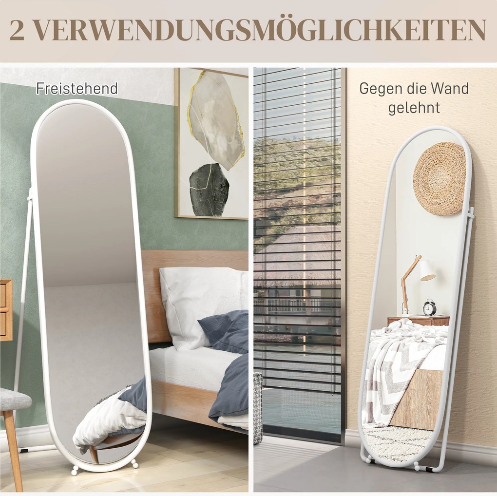 HOMCOM Zrcadlo na celé tělo, 160 x 40 cm Nástěnné zrcadlo se stojanem, Kovový rám, Oválné podlahové zrcadlo do obývacího pokoje, ložnice, Bílá