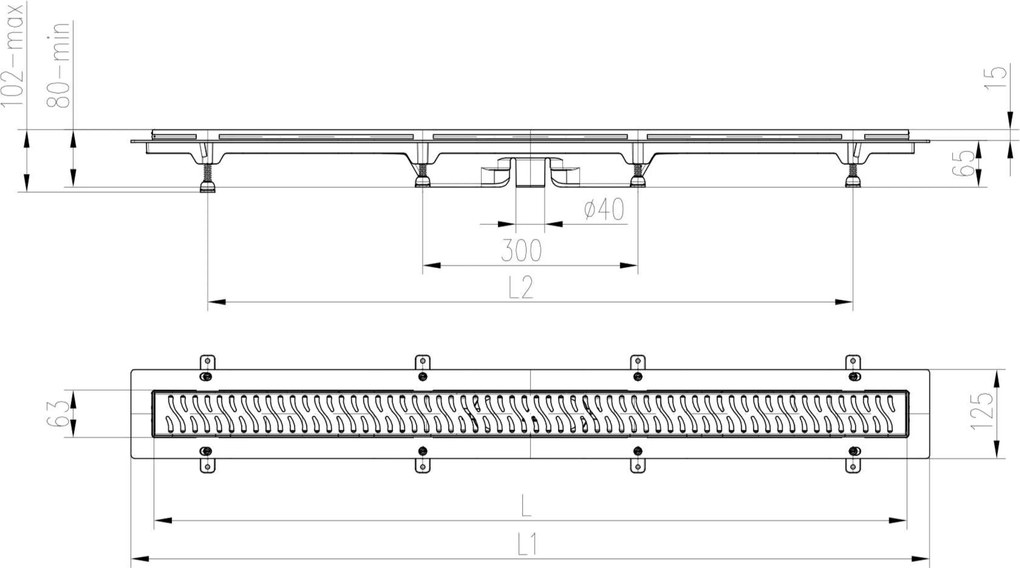 Chuděj Lineární plastový žlab 650mm se spodním odtokem d 40, klasik/floor mat