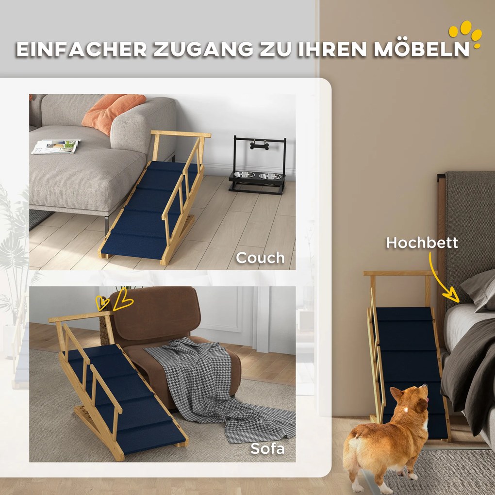 PawHut rampa pro psy Skládací rampa pro psy s odnímatelným zábradlím, protiskluzová, pomůcka pro psy do 40 kg, 85 x 40 x 78,5 cm, přírodní dřevo | Ao…