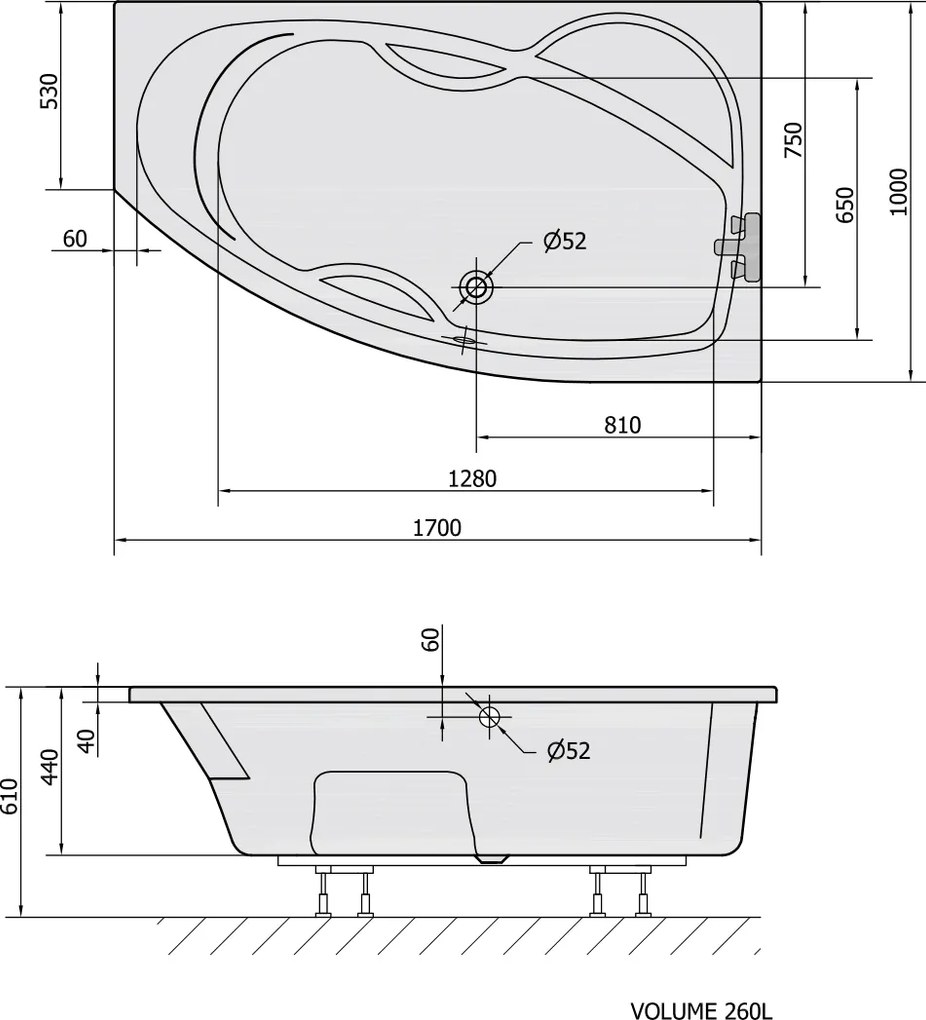 Polysan, MAMBA R asymetrická vana 170x100x44cm, bílá, 77111