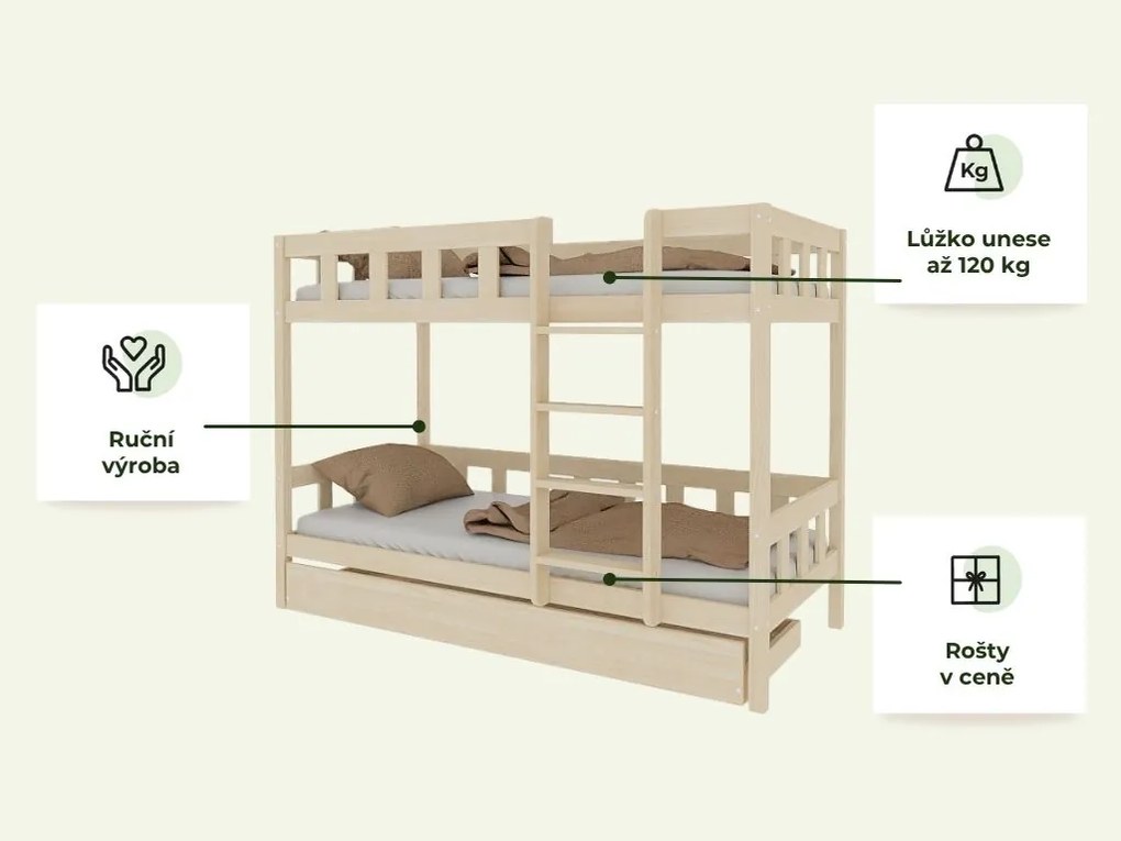 Benlemi Patrová postel PLOTTY s žebříkem 90x200 cm Zvolte barvu: Světle šedá, Zvolte šuplík: Bez šuplíku, Zvolte stranu: Vpravo