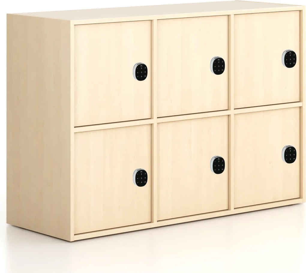 Kancelářská skříň FRAME, nízká, 6x dveře, 1299 x 450 x 881 mm, kódový zámek, bříza
