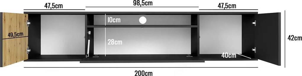 Eka Televizní skříňka JOEY 200 cm, Černá/Dub Artisan