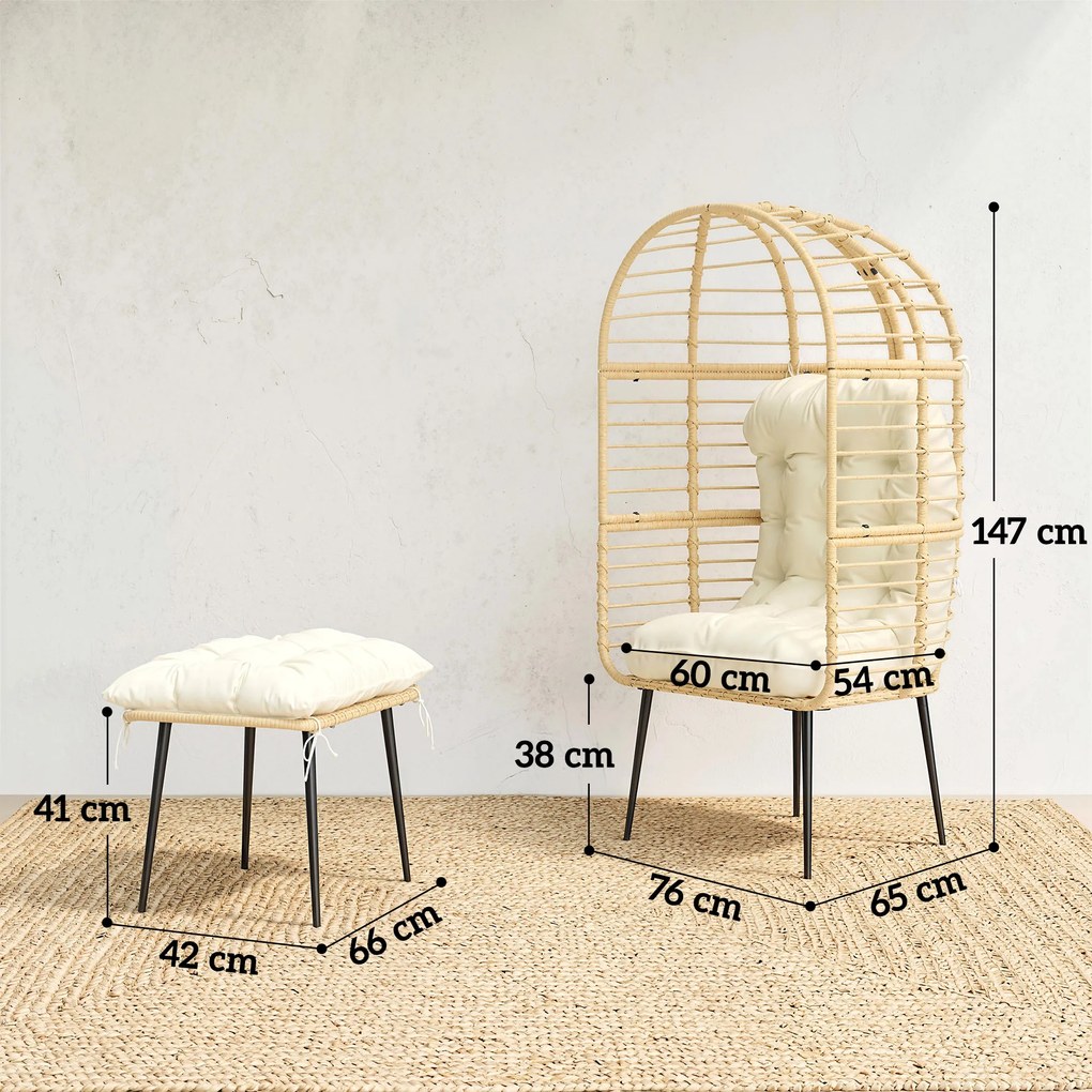 Outsunny vejčité křeslo z PE ratanu s podnožkou — boho lounge pro terasu i interiér, tlusté polštáře, práškově lakovaný rám, béžové