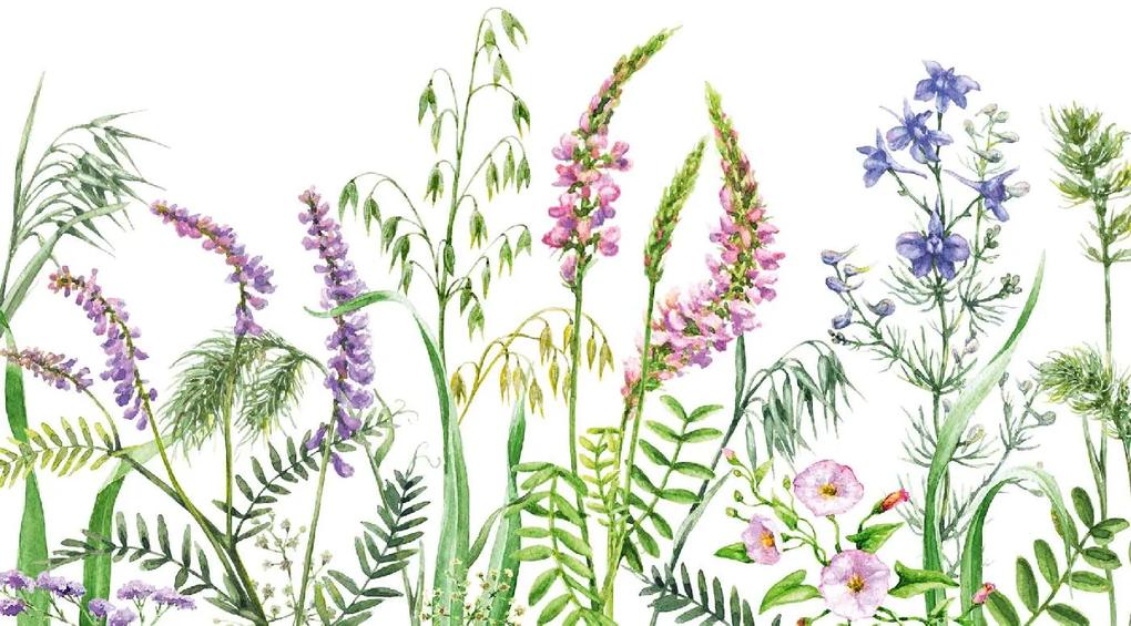DIMEX | Samolepicí vliesová fototapeta na zeď Divoké květiny MA-5-1301 | 375 x 250 cm | zelená, bílá, fialová, růžová