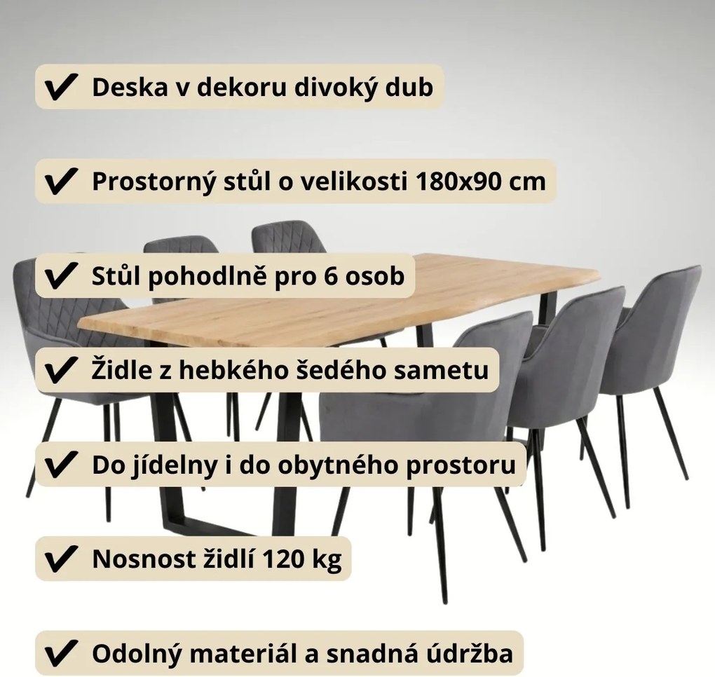 Vikio Jídelní set pro 6 osob 180x90 cm dub noha U šedá židle s područkami VJS168-6S