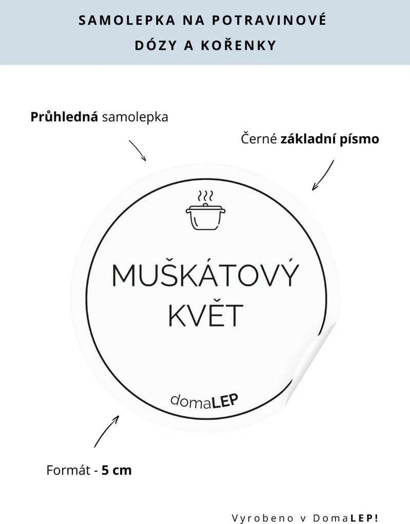Samolepka na kořenky MUŠKÁTOVÝ KVĚT průhledná 5 cm základní písmo