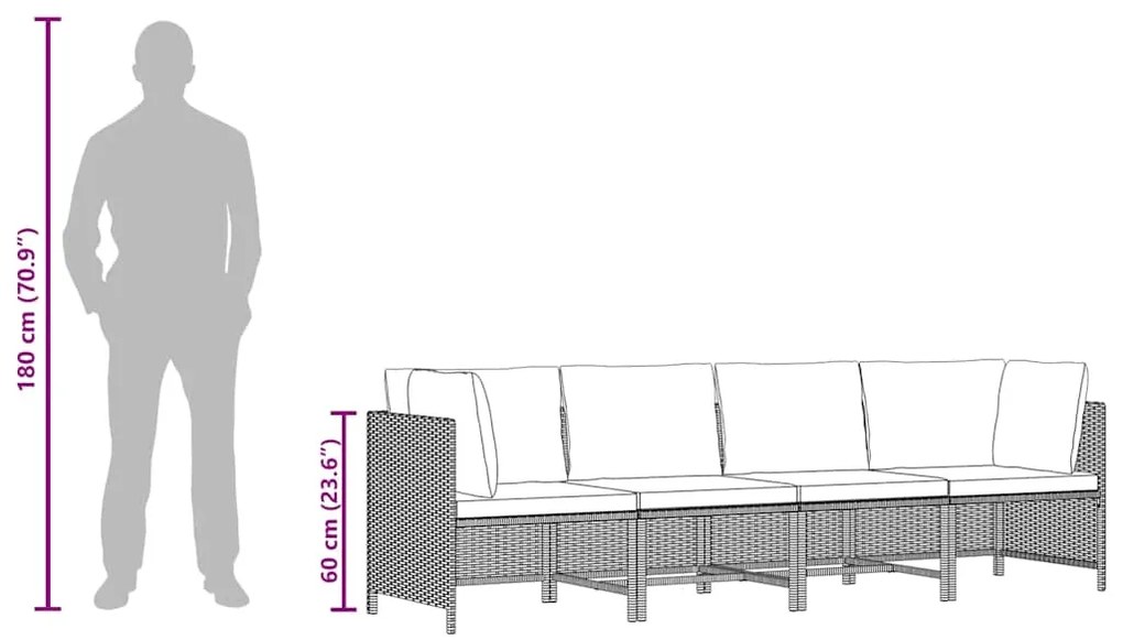 vidaXL Marketos 4místná zahradní pohovka s poduškami černá polyratan